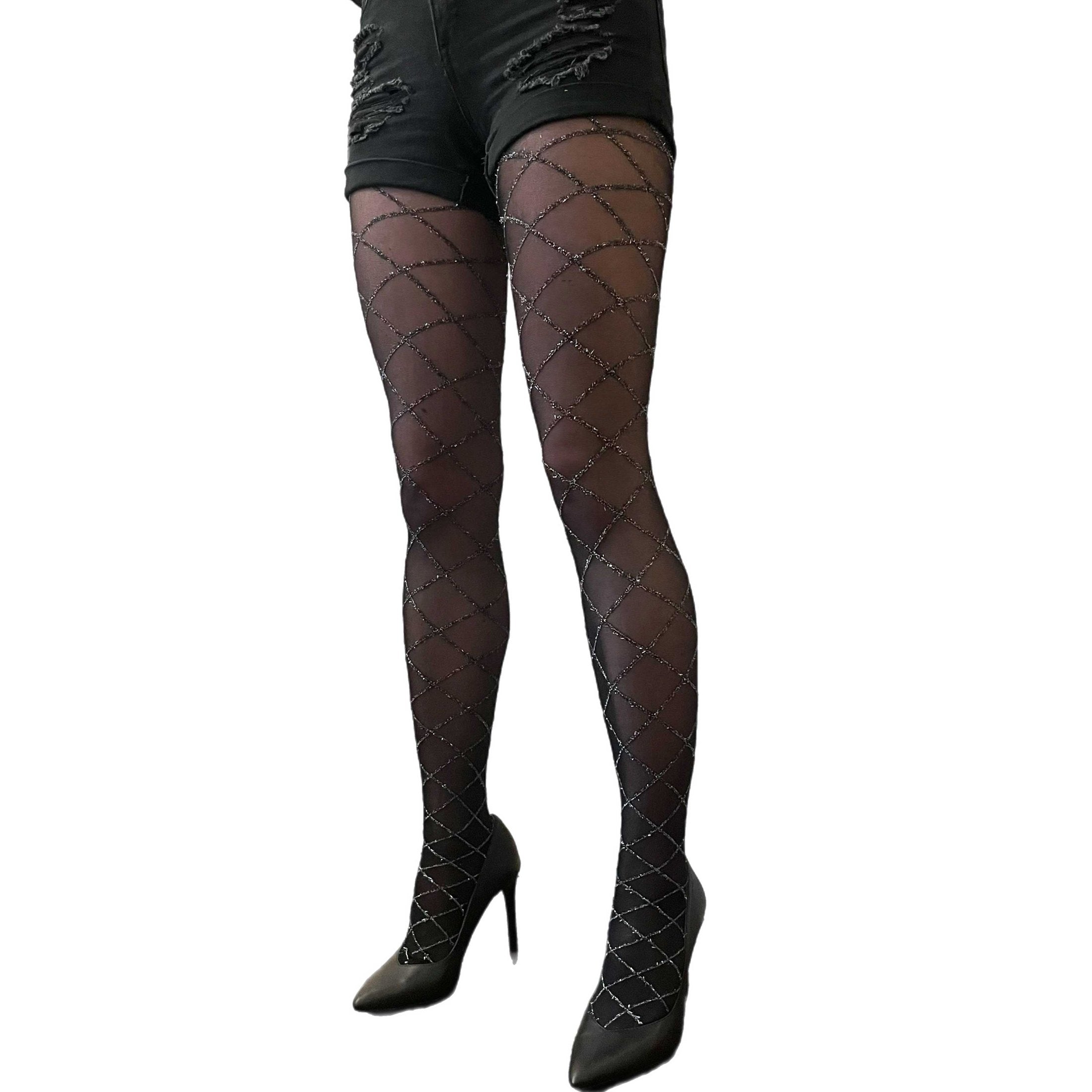 Plus Size Diamond Pattern Tights | Black Sheer Silver Design – Malka Chic
